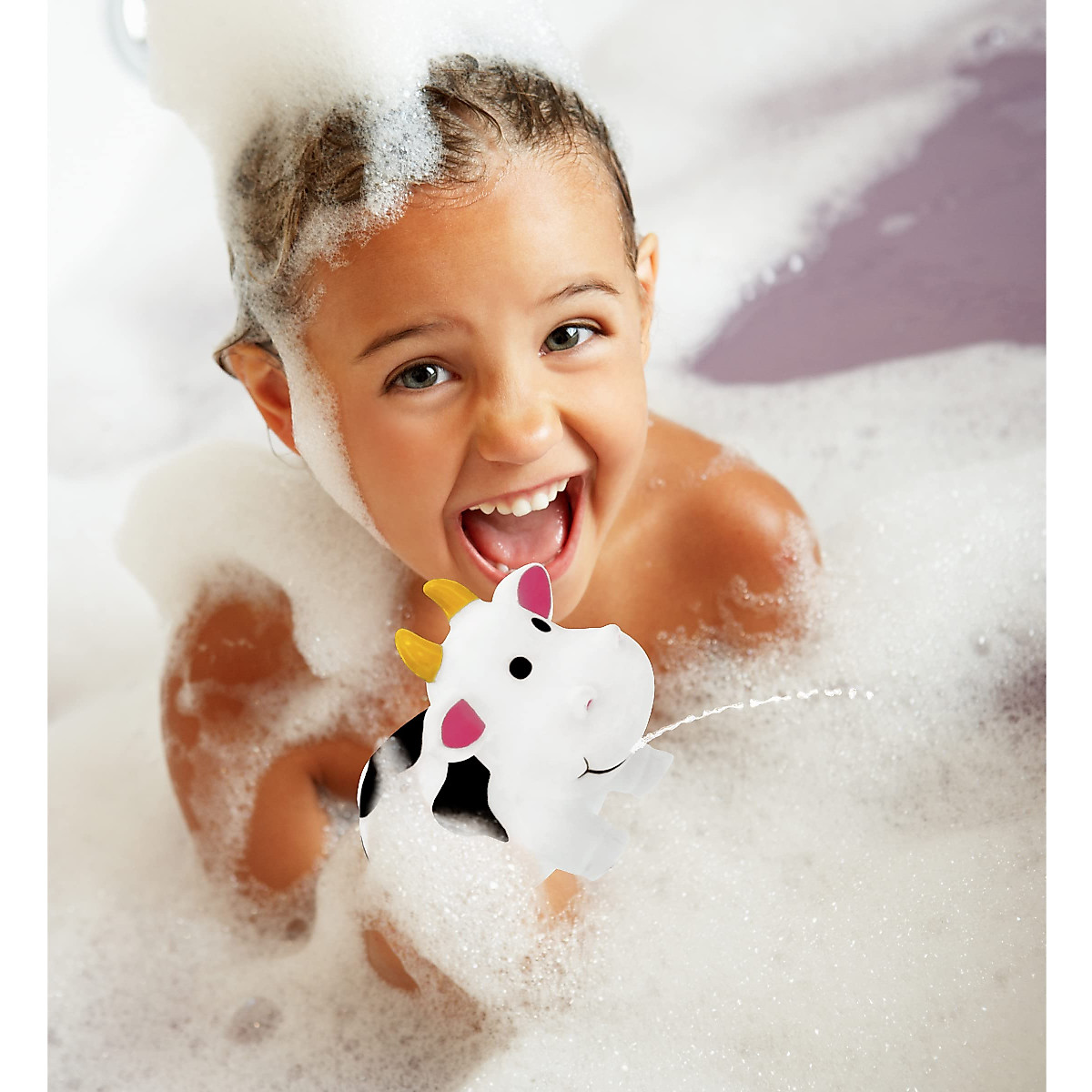 DolliBu Cow Bath Water Squirter Toy - Floating White Rubber Bath Toy, Cool Animal Squirting Bathtime Play Water Toy for Toddlers, Cute Farm Animal Bath Toys for Bathtub and Pool for Girls and Boys