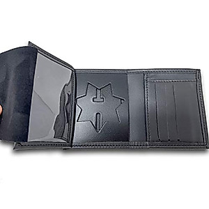 7 Point Star Recessed Badge Bifold WALLET, Genuine Leather Badge 2.87 x 2.85 & ID Holder 2.5 x 4 Credit Card WALLET