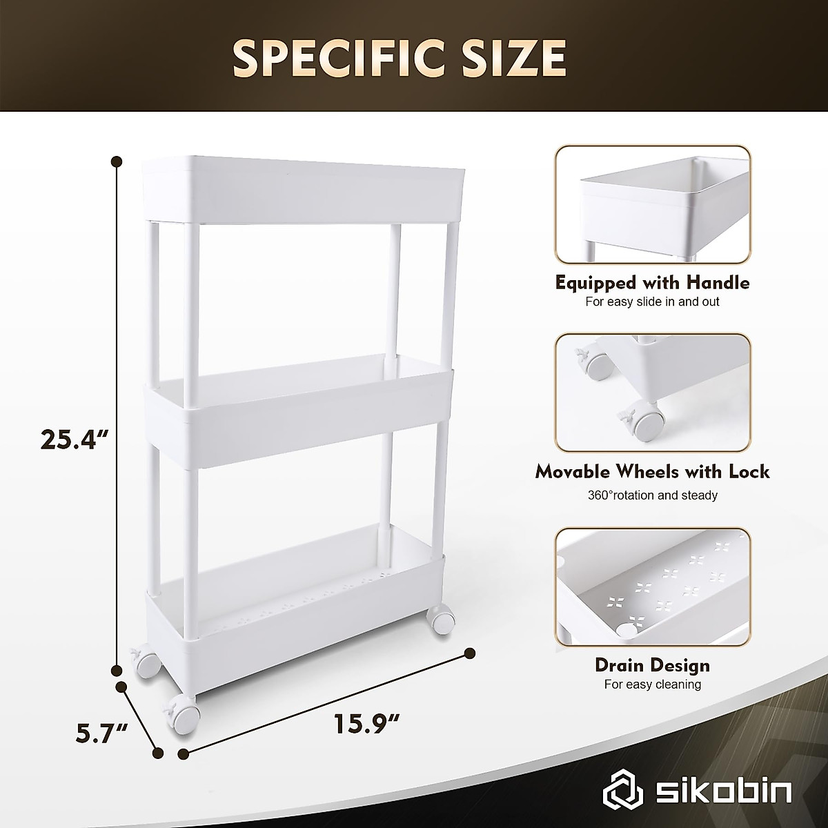 Sikobin 3-Tier Rolling Storage Cart Utility Cart Trolley Mobile Organizer with Lockable Caster Wheels Standing Rack Shelving Unit Organizer Kitchen Bathroom Laundry Room