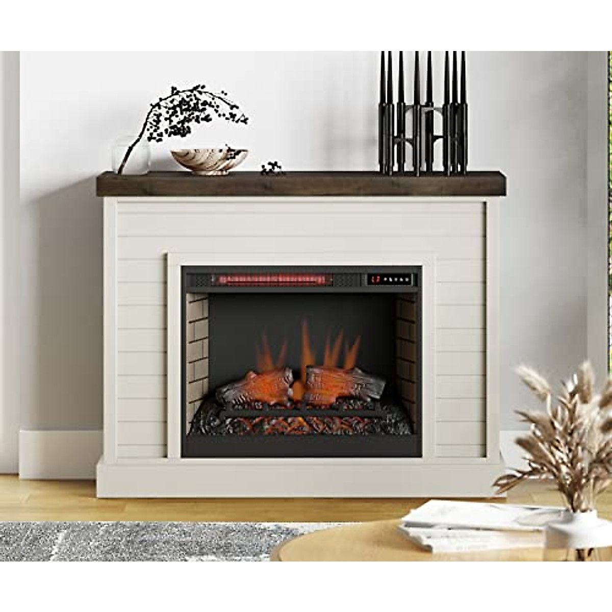 Bridgevine Home Electric Fireplace Mantel with Accent Wood Shelf and Surround, Realistic Logs and Flame Effect, Fireplace TV Stand, Adjustable LED Electric Heater with Remote Control, 48 Inch, White