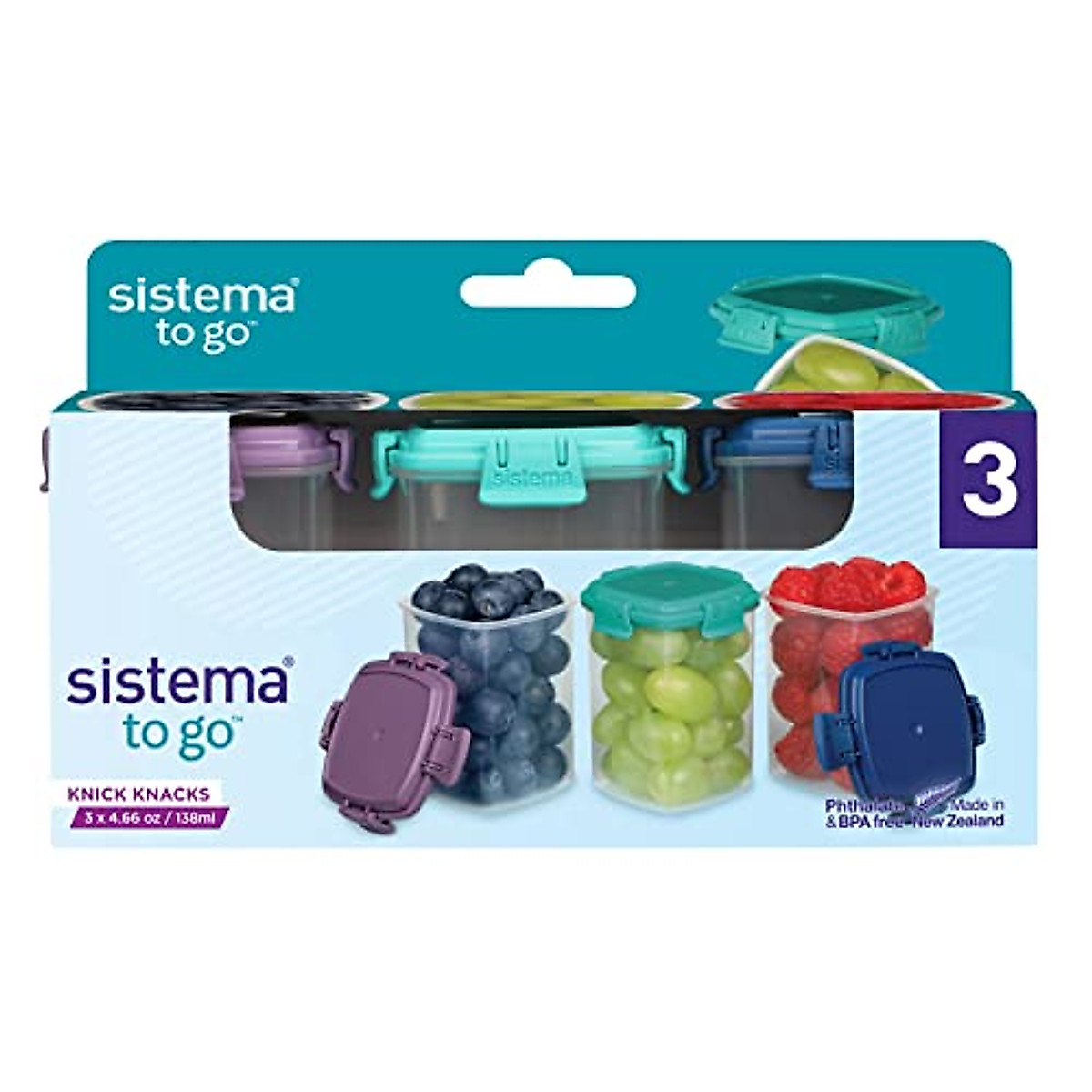 Sistema To Go Collection Medium Knick Knack Snack Container, 4.6 oz./136 ml, Multi color, 3 Count