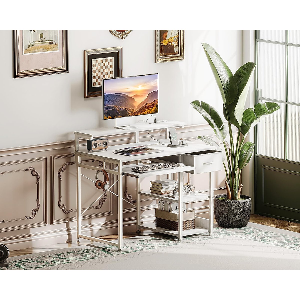 AODK Small Computer Desk with Keyboard Tray, 40 Inch Office Desk with Power Outlet, Work Desk with Drawer, Reversible Desk with Adjustable Monitor Shelf and Storage Shelf for Home Office, White