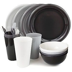 24Piece Plastic Plates and Bowls Sets Dinnerware Set Dishes Set for 4,College Dorm Room Essentials,Camping Plates and Bowls with Tumbler,Knives,Forks and Spoons,Mess Kit,Microwave Safe,BPA Free