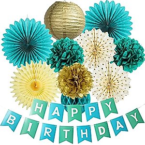 Teal Gold Birthday Party Decorations Teal Paper Fans Teal Gold Happy Birthday Banner Paper Pom Poms Flowers Baby Boy Birthday Baby Shower Women Birthday Turquoise Party Decorations