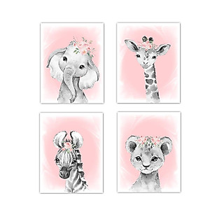 Baby Girl Nursery Wall Art Blush Floral Crown Safari Animals Elephant Giraffe Lion Zebra Decor 4 UNFRAMED PRINTS