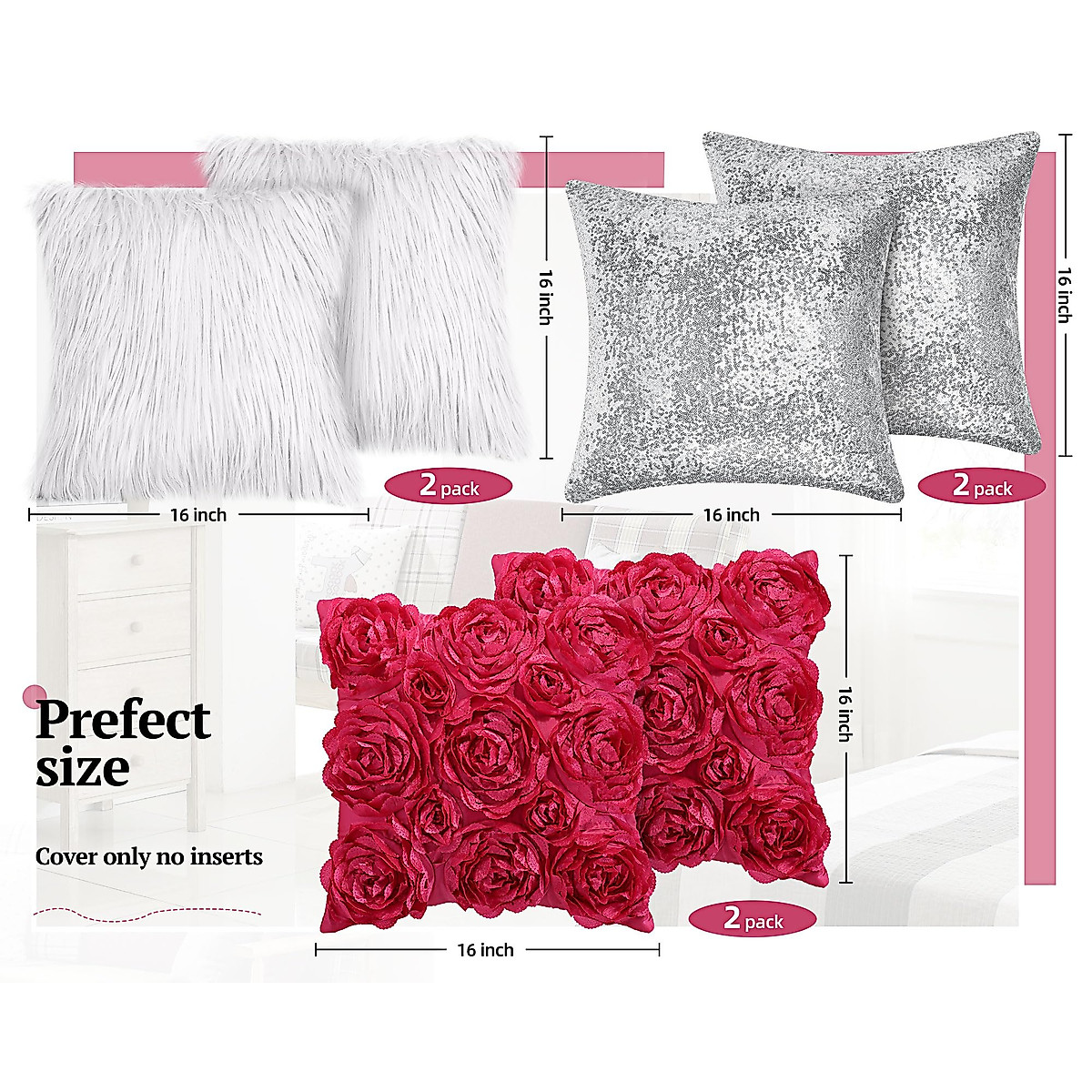 Oudain 6 Pcs Decorative 3D Rose Flower Pillow Cover, Faux Fur Throw Pillow Covers, 16 x 16 Inch Throw Pillows for Bed Soft Square Sofa Pillow Covers for Sofa Bedroom Car (Hot Pink)