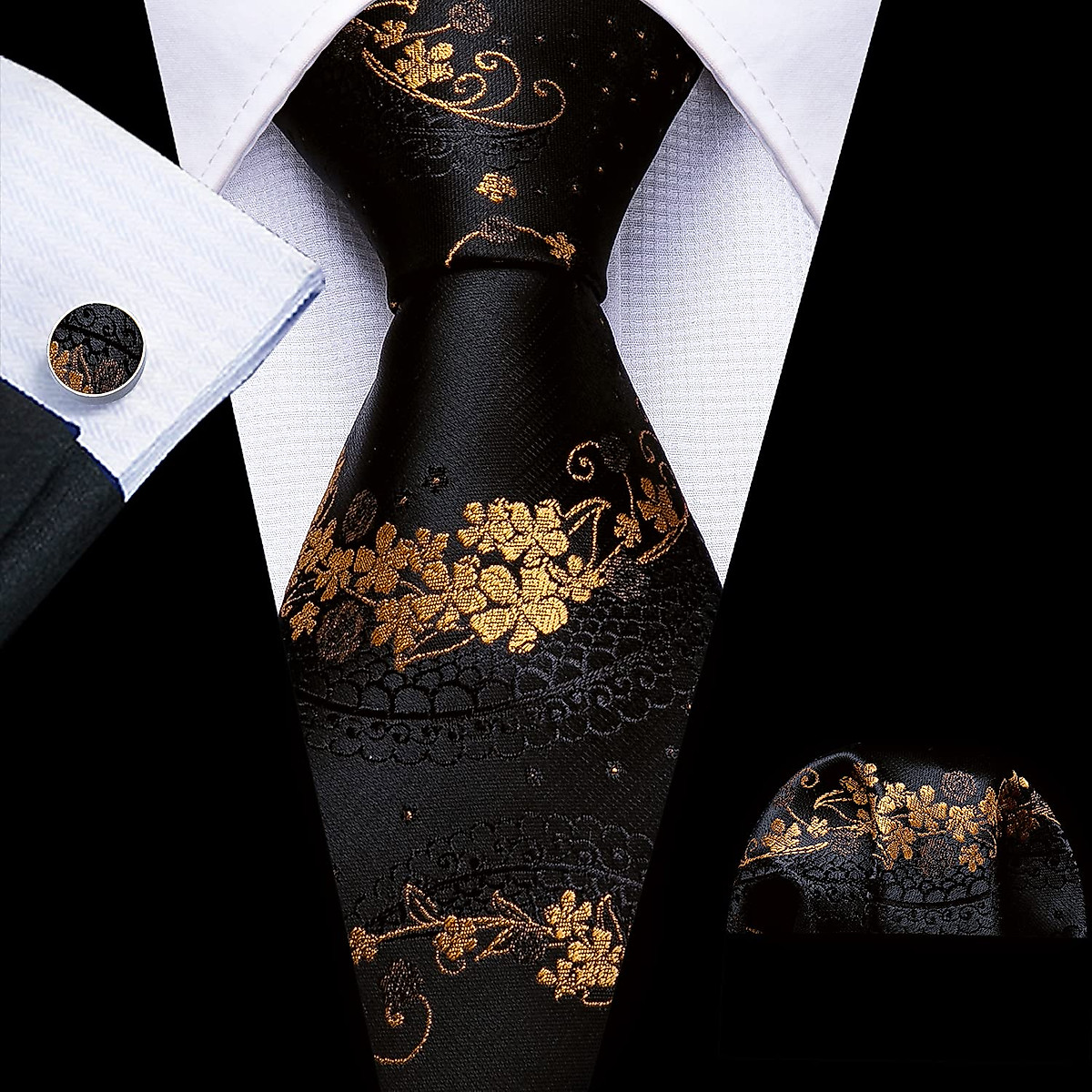 Barry.Wang Flower Ties for Men Handkerchief Cufflinks Set Wedding Necktie Set Party