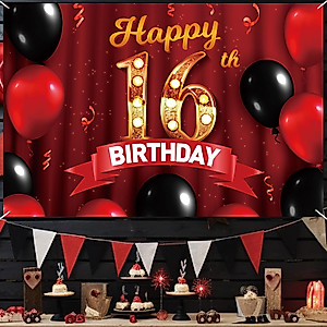 Happy 16th Birthday Red Banner Gold Backdrop Red and Black Balloons Theme Decor for Girls Women Princess 16 Years Old Birthday Party Supplies Photo Booth Props Background Favors Decorations Glitter