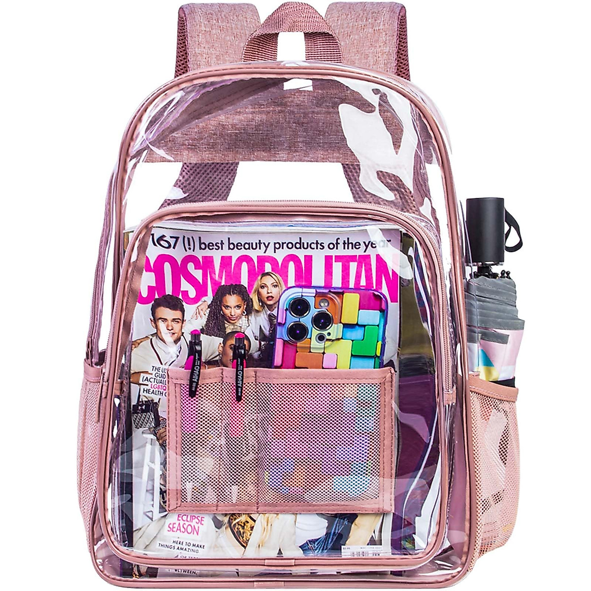 Clear Backpack, Heavy Duty Transparent Bookbag, See Through PVC Backpacks for Women - Pink
