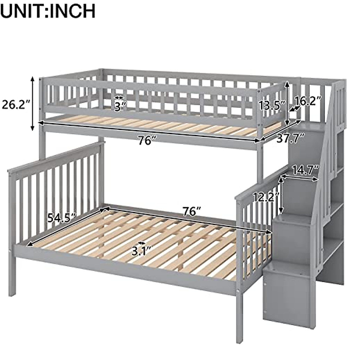 DNYN Stairway Twin-Over-Full Bunk Bed with Storage Shelves & Guardrail for Dorm, Kids Bedroom, Solid Pine Wood Bedframe, Space Saving Design & No Box Spring Needed, Grey