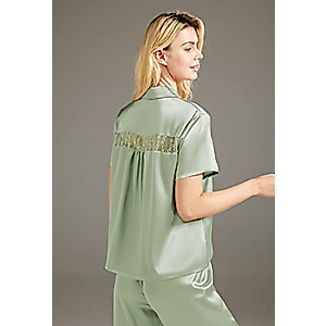 AW BRIDAL 2Pcs Sexy Womens Pajama Sets - Short Sleeve Silk Pajamas Long Pj Pants With Lace, Button Up Pajamas For Women, Sage Green, S| Clever Bridal Shower Gifts Bachelorette Gifts For Bride Pajamas