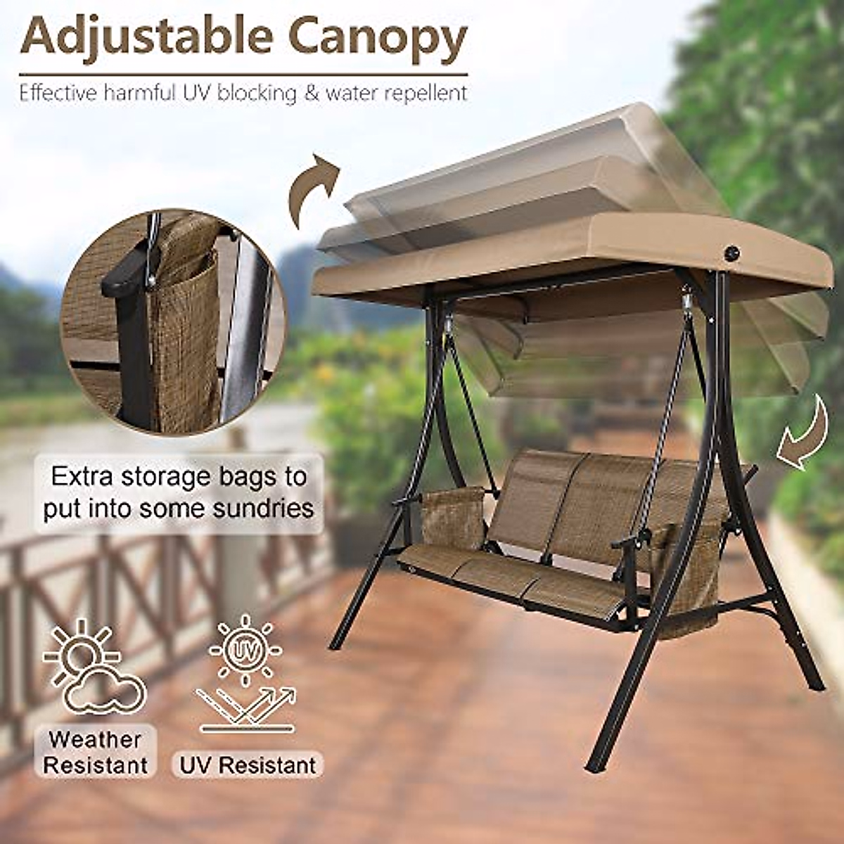 Patio 3-Seat Textilene Porch Swing, Outdoor Swing Glider with Stand and Adjustable Polyester Canopy (Brown)