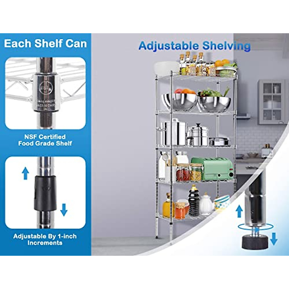 Metal Shelving, 5 Tier Wire Shelving Unit, Adjustable Strong Steel Storage Shelf, Metal Shelves, Kitchen Storage Rack, Pantry Standing Shelves for Laundry Storage 750Lbs Capacity,22" L x 12" W x 48" H