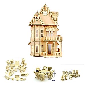 NWFashion 17" Wooden Dream Dollhouse 2 Floors with Furnitures DIY Kits for Christmas Party Dollouse (Gothic Furnitures Sets)