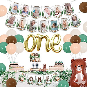One Happy Camper Birthday Decorations for Kids Green Balloon Garland One Happy Camper Photo Banner Cake Topper 1st Forest Camping Birthday Backdrop Adventure Let’s Go Camping Party 1st Supplies