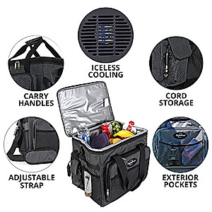 Koolatron Thermoelectric Iceless 12V Cooler Bag, 26 qt (25 L) Black/Gray Soft-Sided Portable Car Fridge w/DC Power Cord, Adjustable Shoulder Strap, Cord Storage, Travel Fishing Trucking Road Trip