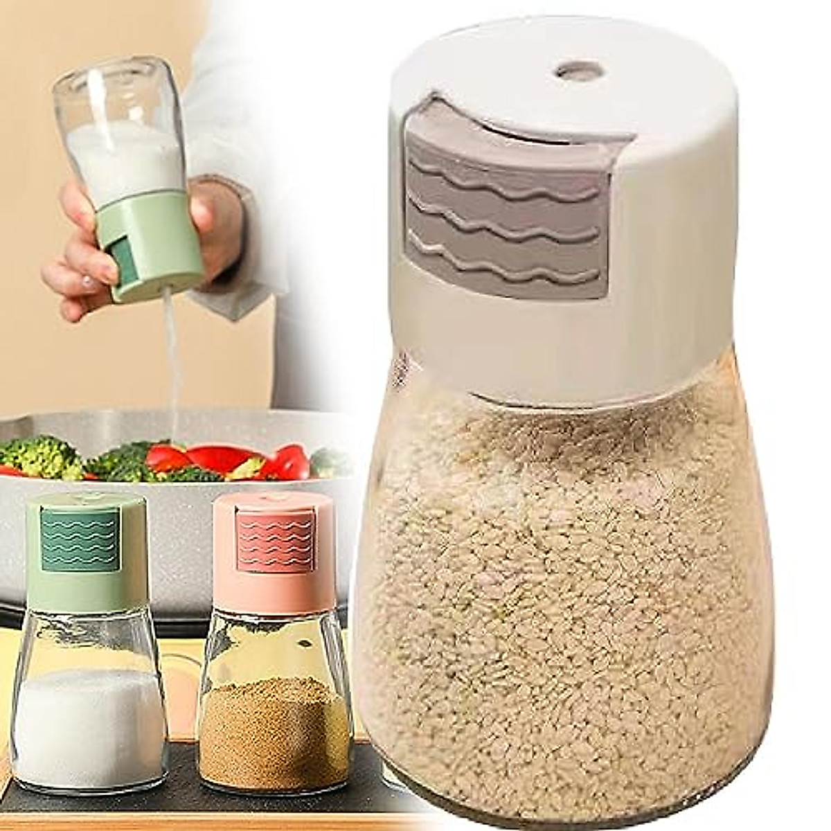 Salt and Pepper Shakers Precise Quantitative Push Type, Seasoning Bottle Dispenser Tank (Beige)