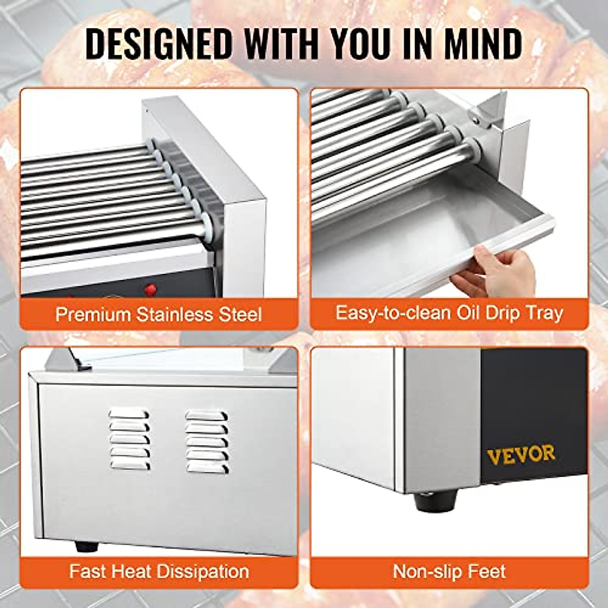 VEVOR Hot Dog Roller 7 Rollers 18 Hot Dogs Capacity 1050W Stainless Sausage Grill Cooker Machine with Dual Temp Control Glass Hood Acrylic Cover Bun Warmer Shelf Removable Oil Drip Tray, ETL Certified