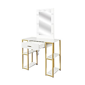 Holaki Vanity Set with 9 LED Lights,Modern White Gold Vanity Desk with Mirror,Cushioned Stool,A Drawer & 4 Open Shelves,Makeup Table,Vanity Dressing Table for Women,Girls Gifts,Adjustable Brightness