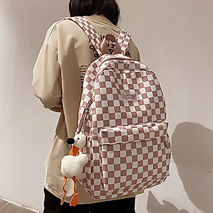 MININAI Y2K Aesthetic Checkered Backpack with Kawaii Pendant Checkerboard Backpack Cute Preppy Laptop Backpack Light Rucksack (One Size,Pink)