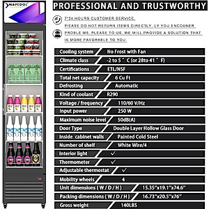 NAFCOOL Sub Zero Commercial Beverage Refrigerator Display Fridge，6 Cu Ft Small Slims Single Glass Door Merchandiser Drink Cooler with LED Light Adjustable Shelves,ETL and NSF Approval,15.4" Wide