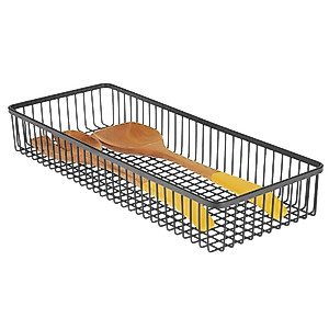 mDesign Metal Farmhouse Kitchen Cabinet Drawer Organizer Basket Tray, Shallow Storage Bin for Cutlery, Serving Spoons, Cooking Utensils, Appliances, Gadgets, Unity Collection, 15" Long, 8 Pack, Black