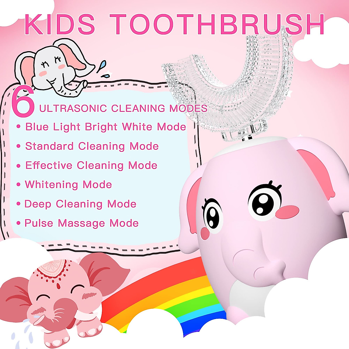 ELOTAME Kid Electric U Shaped Toothbrush with 4 Soft Brush Heads Rechargeable Children Toothbrush with 6 Cleaning Modes IPX7 Waterproof - (Age 2-7 Pink)