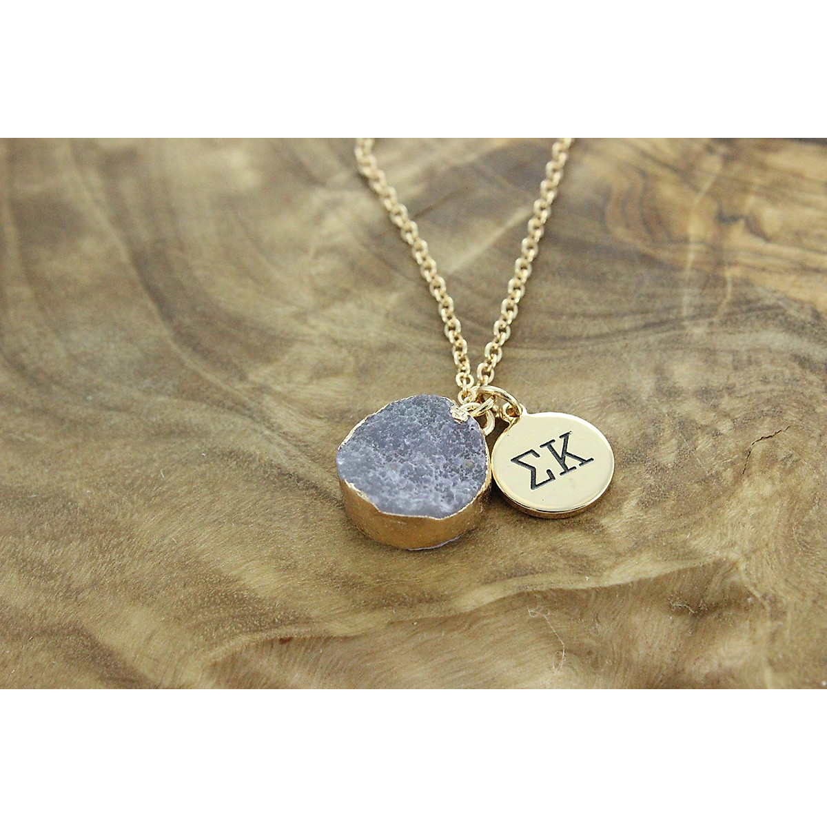 Sorority Shop SK Necklace - Sigma Kappa Purple Druzy Gemstone Necklace With Engraved Pendant – 14K Gold Dipped Jewelry with Purple Gemstone – Sorority Gift, Charm Paraphernalia