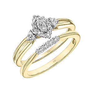 Brilliant Expressions 10K Yellow and White Gold 1/8 Cttw Conflict Free Diamond Marquise Halo Cluster Grooved Band Bridal Set (I-J Color, I2-I3 Clarity), Size 7