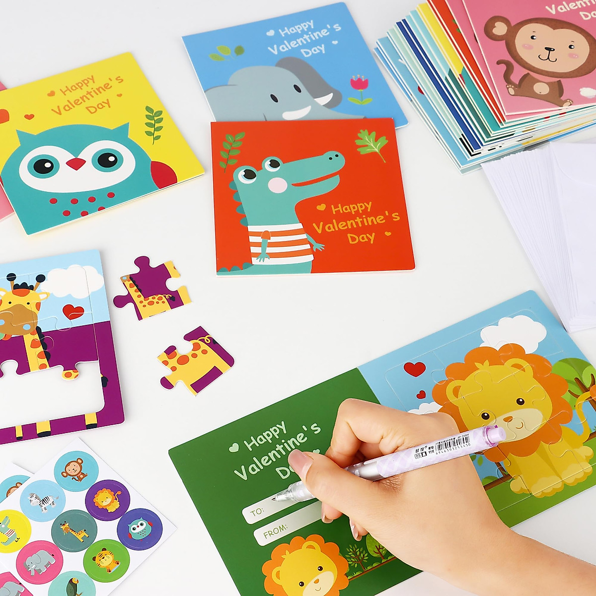 Valentines Day Puzzle Cards for Kids, 27 Pack Animal Jigsaw Puzzle Cards with Envelopes & Stickers Bulk for Classroom Gift Exchange, Valentine Party Favors for School Toddlers Girls Boys Class Prizes