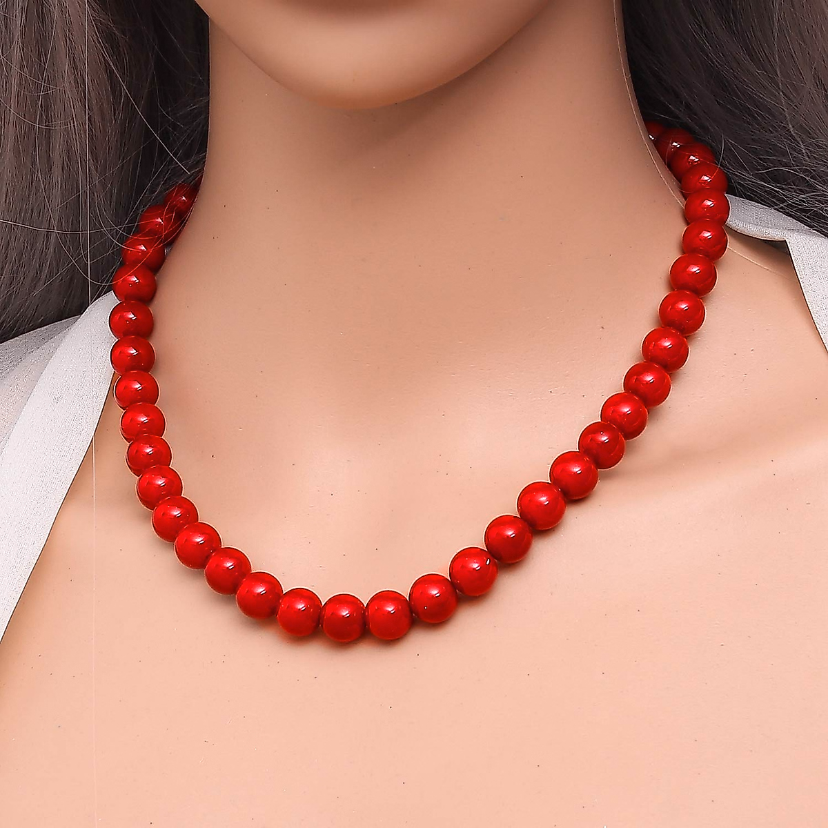LUREME Fashion Style Pearl Elastic Necklace Bracelet Dangle Earring Set-Red(09000649-7)