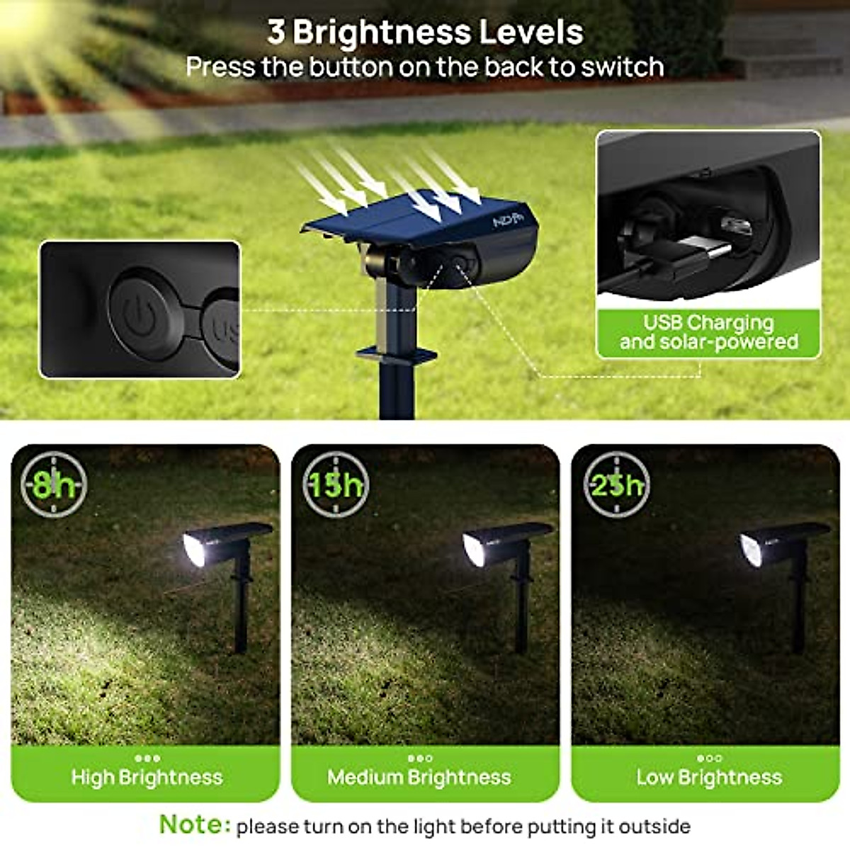 NZDFH Solar Spot Lights Outdoor, IP68 Waterproof Solar Landscape Spotlights,3 Modes Outdoor Solar Garden Lights, USB & Solar Powered Wall Lights Dark Sensing Auto On/Off for Yard Porch 2 Pack