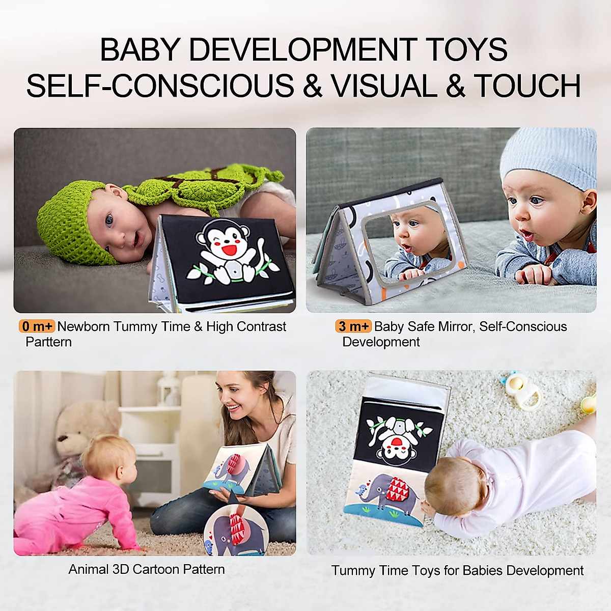 Baby Mirror Tummy Time with High Contrast Soft Baby Crinkle Book, Infant Montessori Sensory Toys for Toddler 0-3-6-12 Months, Tummy Time Floor Mirror for Newborn Brain Development, as Girl Boy Gifts