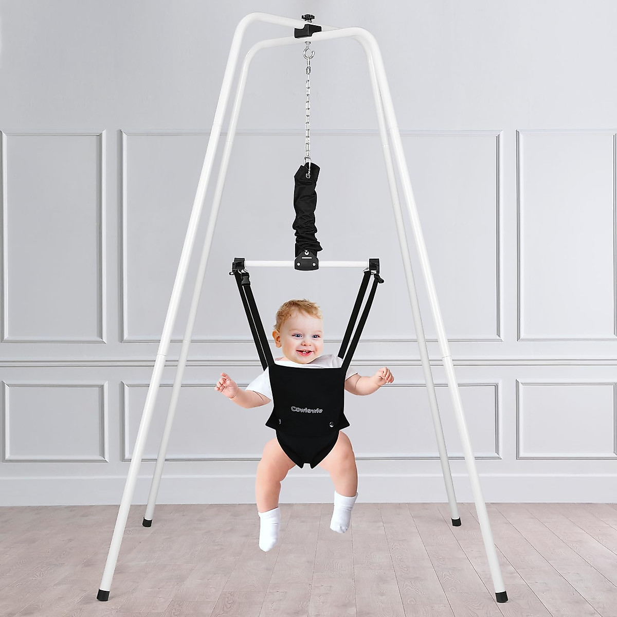Cowiewie 2 in 1 Baby Jumper with Strong Support Stand, w/Walking Harness Function, Baby Exerciser Quick-Fold and Storage, White+Black