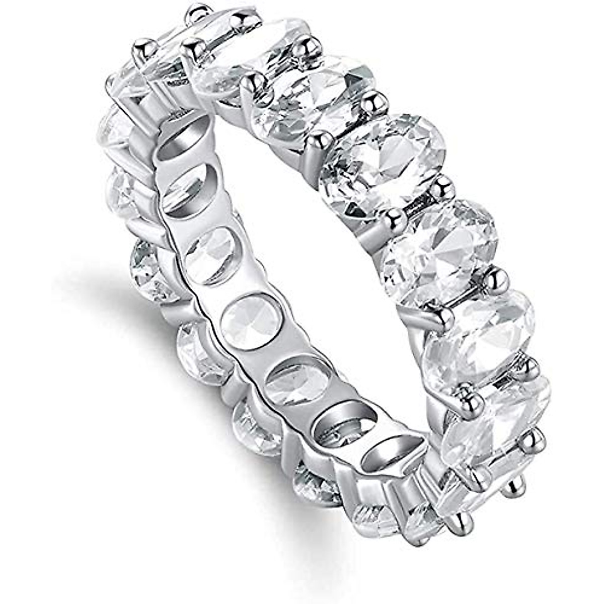 Savlano 18K White Gold Plated Cubic Zirconia Oval Cut Eternity Ring Band for Women (White Gold, 7)