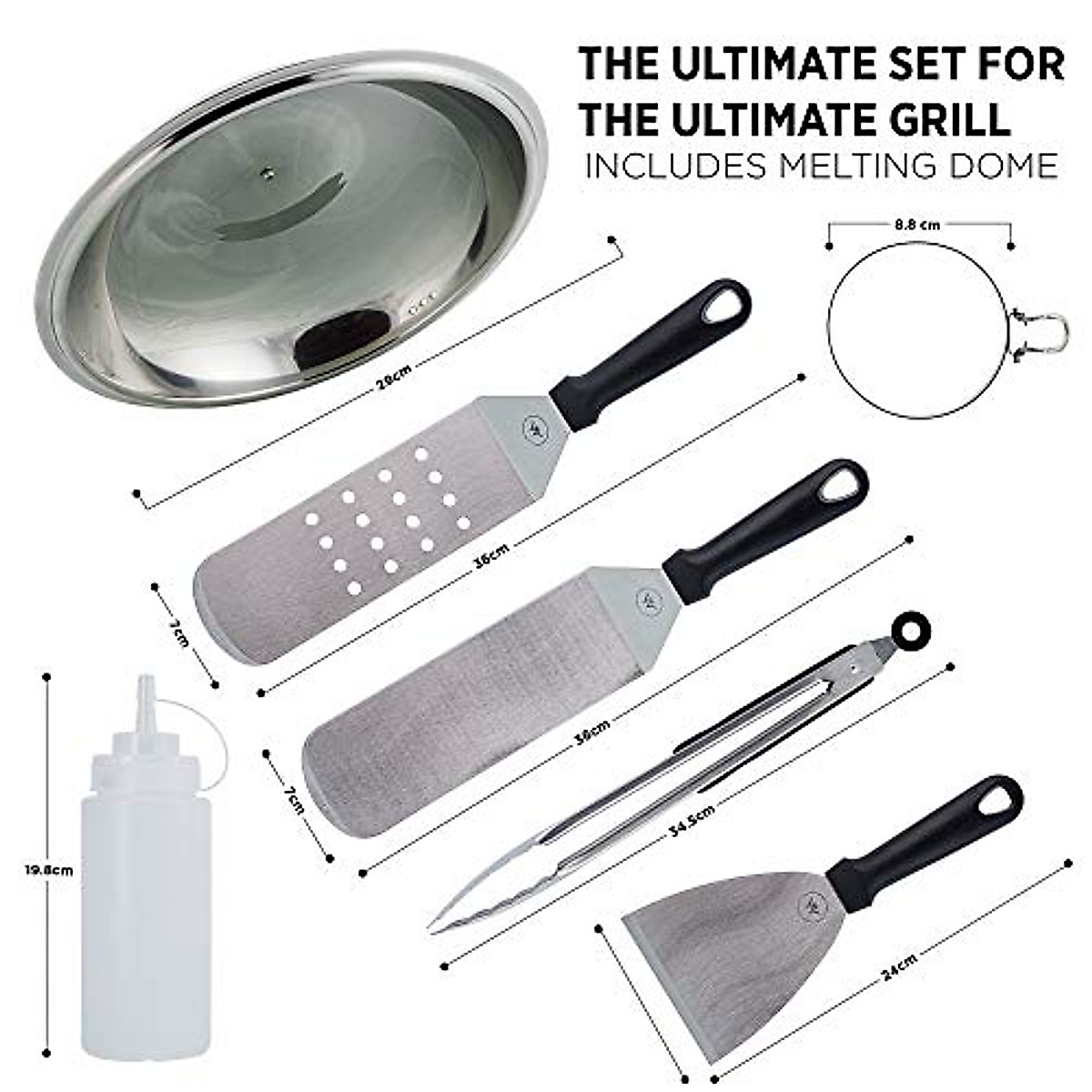 Weselyn Flat Top Grill Accessories Kit - 11-Pc Griddle Set with Melting Dome, Burger Spatulas, Scraper, Egg Rings and Squirt Bottles - Stainless Steel BBQ Tool Kit Ideal Blackstone Accessories