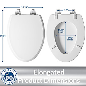 Mayfair Benton Toilet Seat with Chrome Hinges, Slow Close Wood Seat, Secure Metal Hinges, Easy Install, Elongated, White