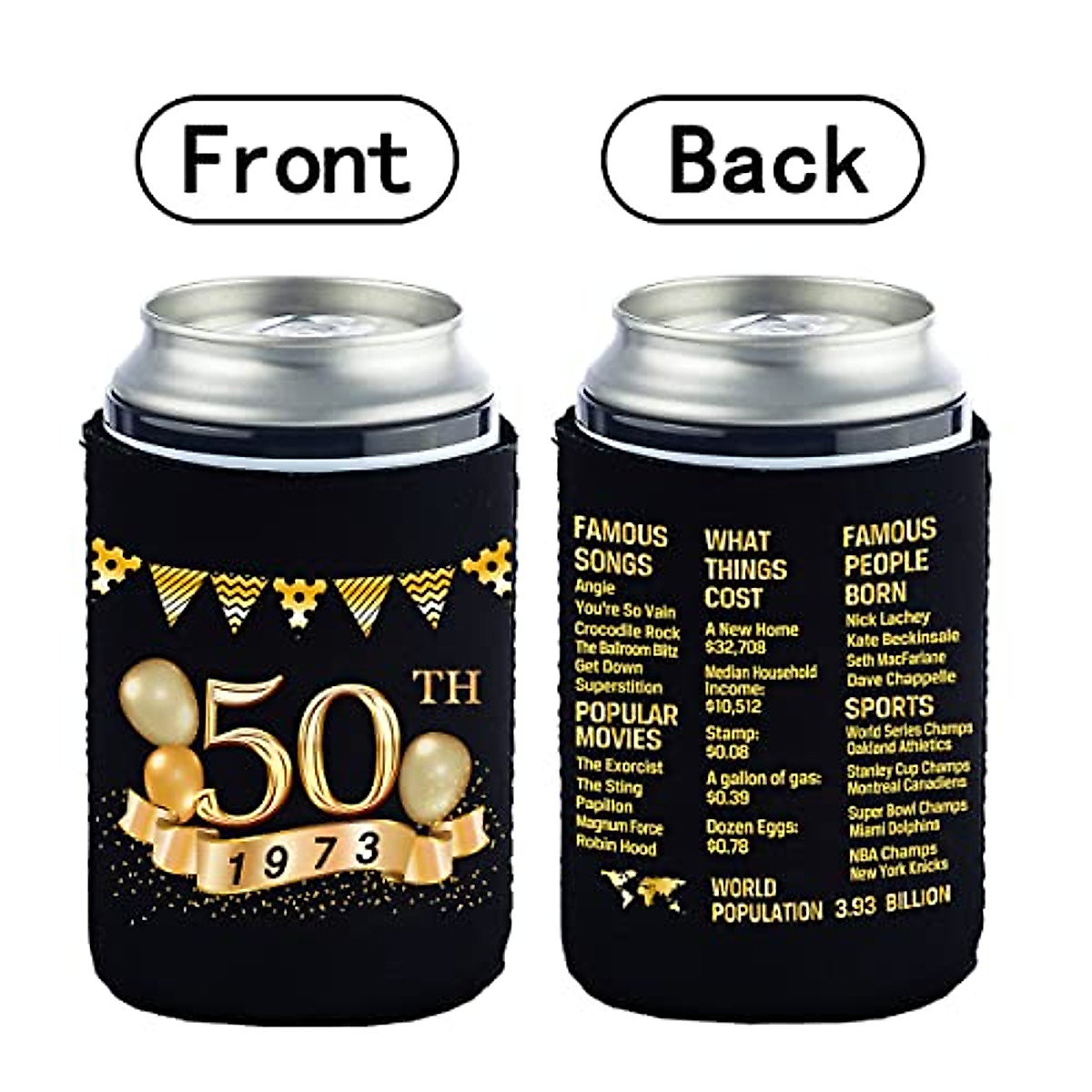 Yangmics 50th Birthday Can Cooler Sleeves Pack of 12- 50th Anniversary Decorations- 1973 Sign - 50th Birthday Party Supplies - Black and Gold Fiftieth Birthday Cup Coolers