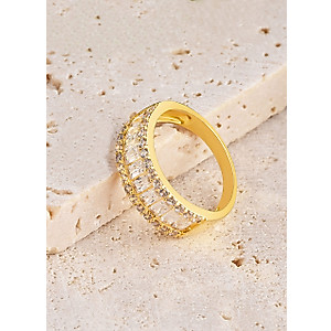 Beutirer Wedding Rings for Women, 18K Gold Plated Promise Wedding Band for Women, 3-Row Round and Baguette Emerald Cut Cubic Zirconia Engagement Rings, Anniversary Rings, Gold Rings for Women Size 5-9