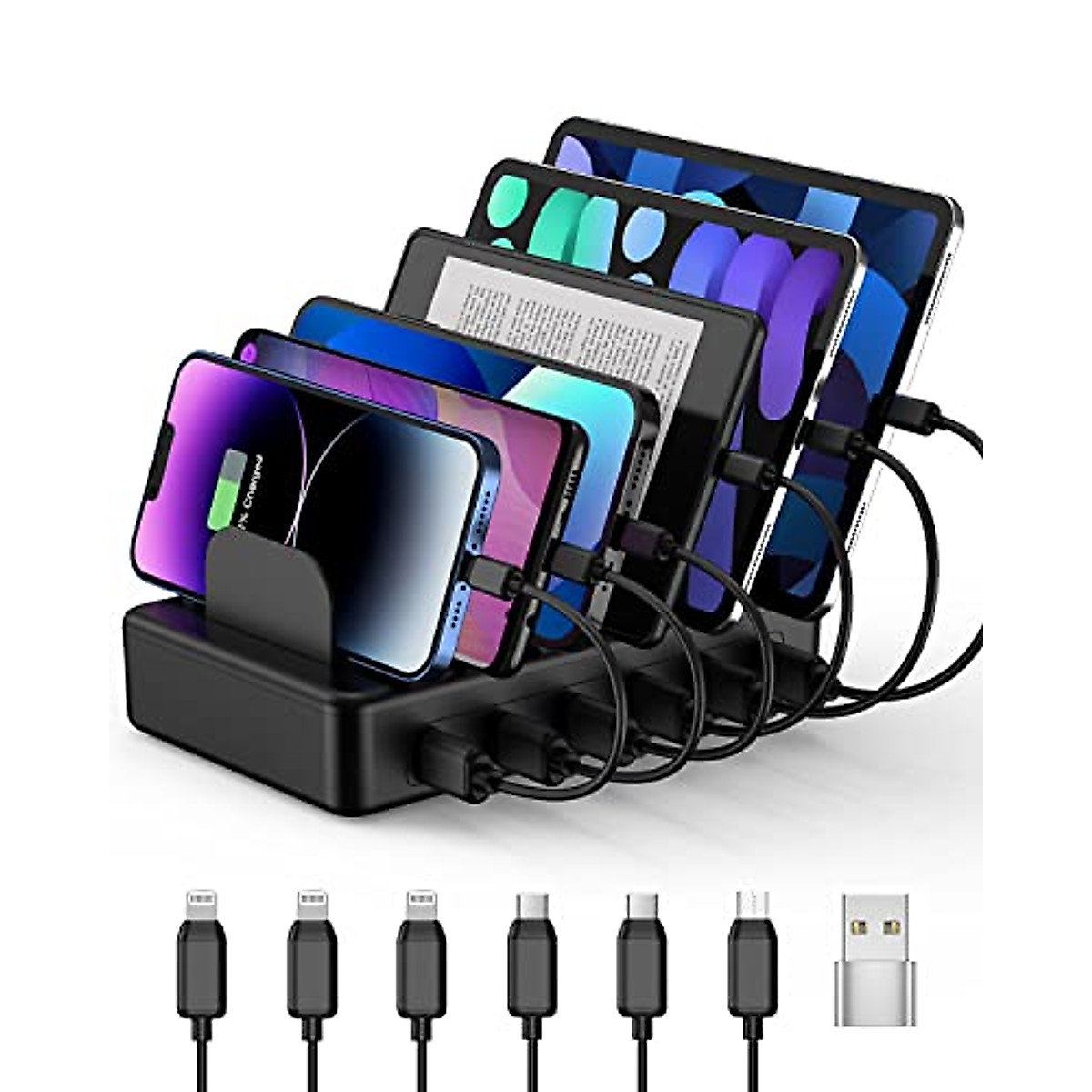 CREATIVE DESIGN Charging Station, 50W 6 Ports Multi Charger Station with 6 Charging Cables, Charging Dock for Multiple Devices, Compatible with Cellphone iPad Kindle Tablet and Other Electronic