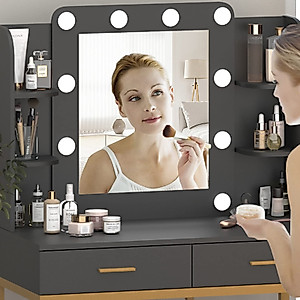 Makeup Vanity with Lighted Mirror, Black Vanity Mirror with Lights and Table Set, Vanity Set with 10 LED,Vanity Desk with 3 Lighting Modes and 2 Drawers&Cushioned Stool for Bedroom