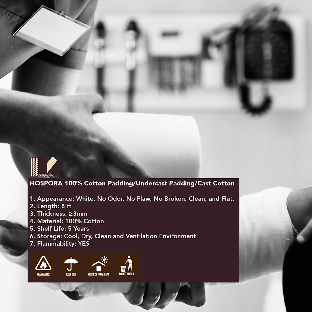 Hopsora Cast Padding 6 Rolls 6" x 8ft 100% Cotton Individual Pack Undercast padding Cast Supplies Wound Care Medical Cotton