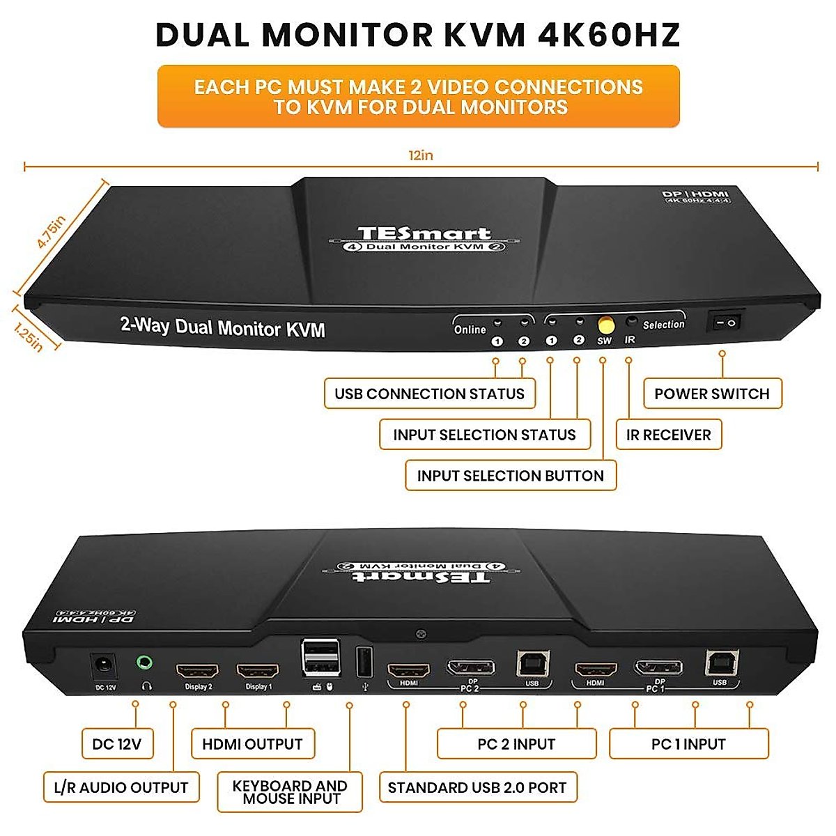 2-Port Dual Monitor KVM – HDMI + DisplayPort – 4K 60HZ – QHD 144HZ – Audio Output & USB Sharing – Multimedia & Gaming Keyboard Supported – HDK0402A1U