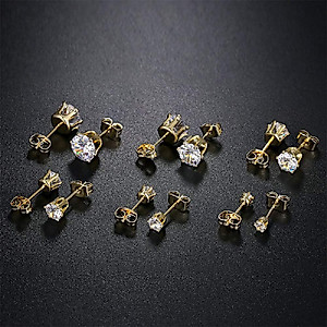 Bulyroki 6 Pairs 18K Gold Plated CZ Stud Earrings Simulated Diamond Round Cubic Zirconia Ear Stud Set 3mm-8mm (Gold)