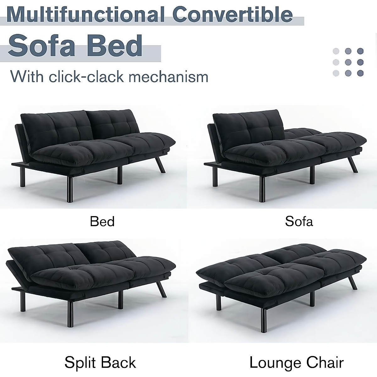 Convertible Memory Foam Futon Couch Bed, Leather Futon Sofa Bed, Folding Modern Sleeper Sofa with Quick Adjustable Armrest and Backrest for Studio Apartment/Home Office/Small Space (Black) (Black)