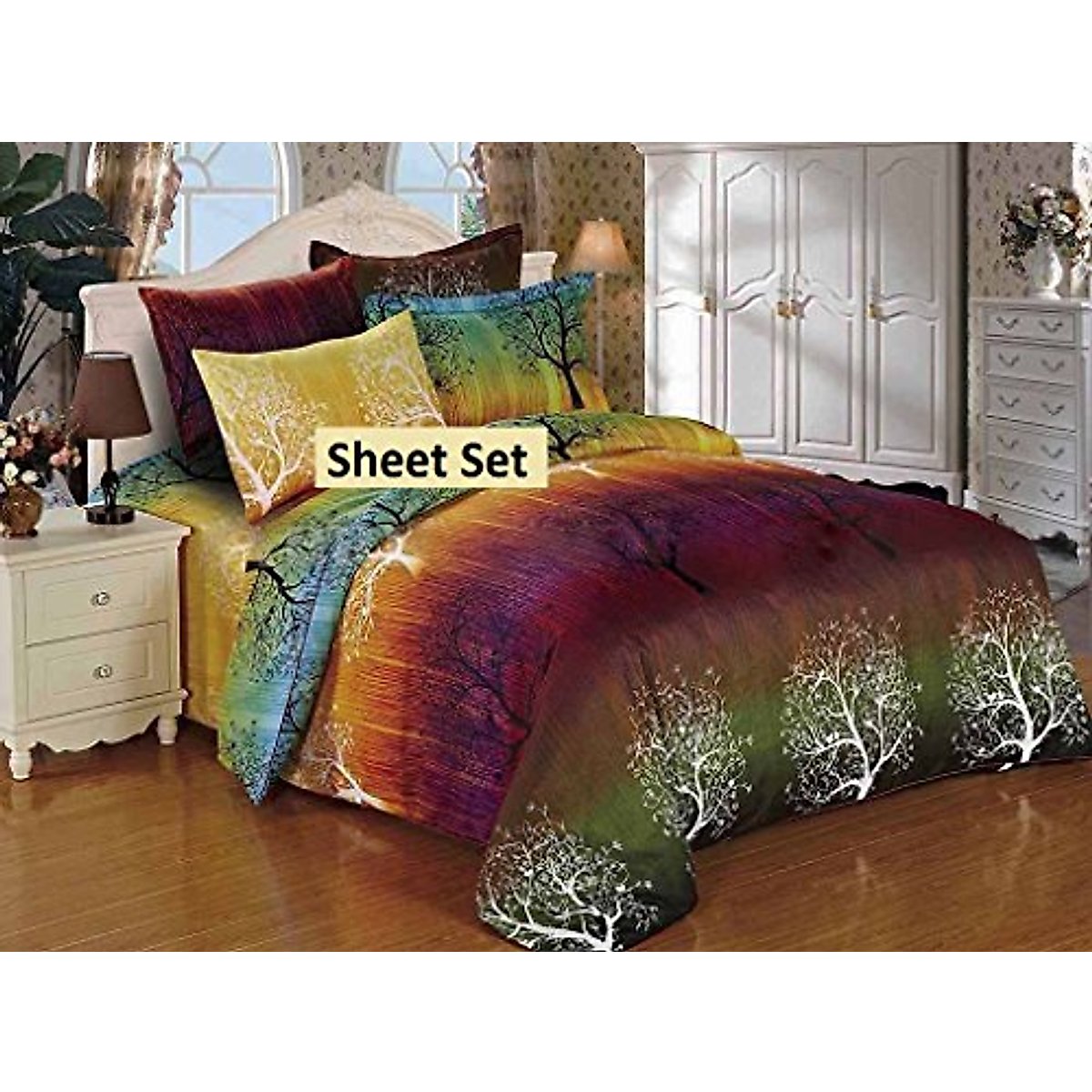 Swanson Beddings Rainbow Tree 100% Polyester Sheet Set : Fitted Sheet, Flat Sheet and Two Matching Pillowcases (Queen)