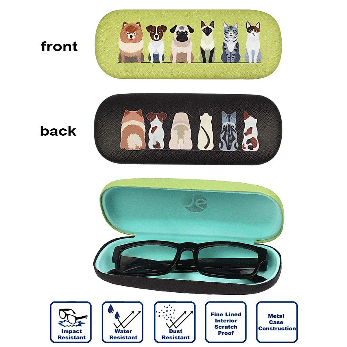JAVOedge [4 PACK], Printed Front and Back Dogs Pattern Durable Hard Clamshell Eyeglass Storage Case w/Microfiber Cloth