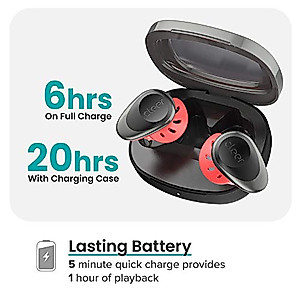 Cleer Goal Sport True Wireless Earbuds with 20 Hour Battery, for Workout and Exercise, Water and Sweat Resistant, Touch Controls, and High Audio Quality and Bass, Black/Red