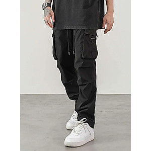 JMIERR Men Casual Cargo Pants Elastic Waist Drawstring Tactical Pant Lightwight Hiking Joggers Pants Loose Fit with Multi Pockets, US 34(M), 1 Black