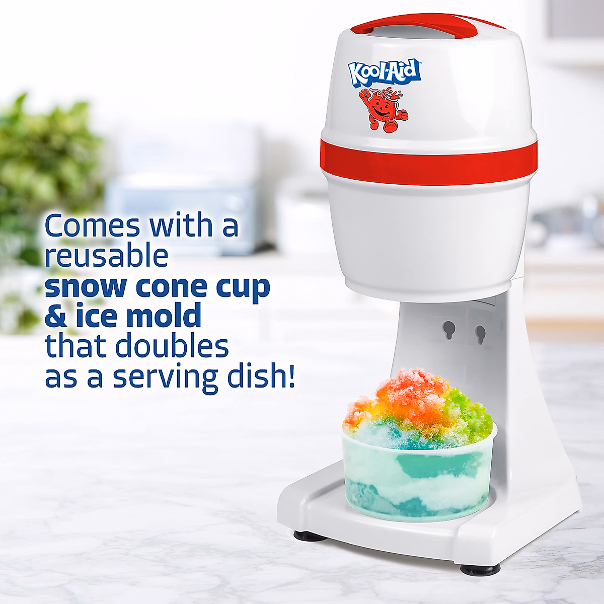 Nostalgia Kool-Aid Shave Ice & Snow Cone Maker, Includes Reusable Cup and Two Ice Molds, Stainless Steel Blades, Makes Margaritas, Frozen Cocktails, Slushies, Red